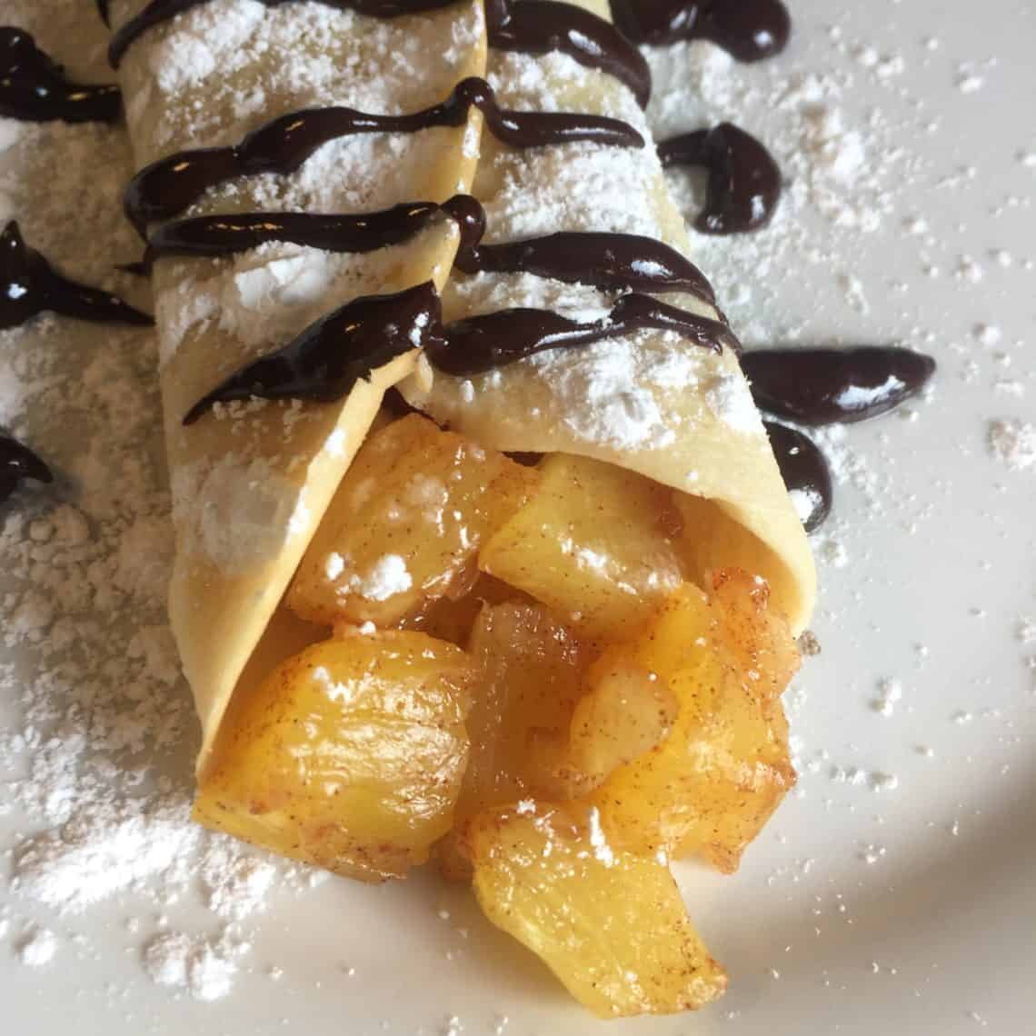 Cinnamon Pineapple Crepes With Dark Chocolate Sauce - FlyPeachPie