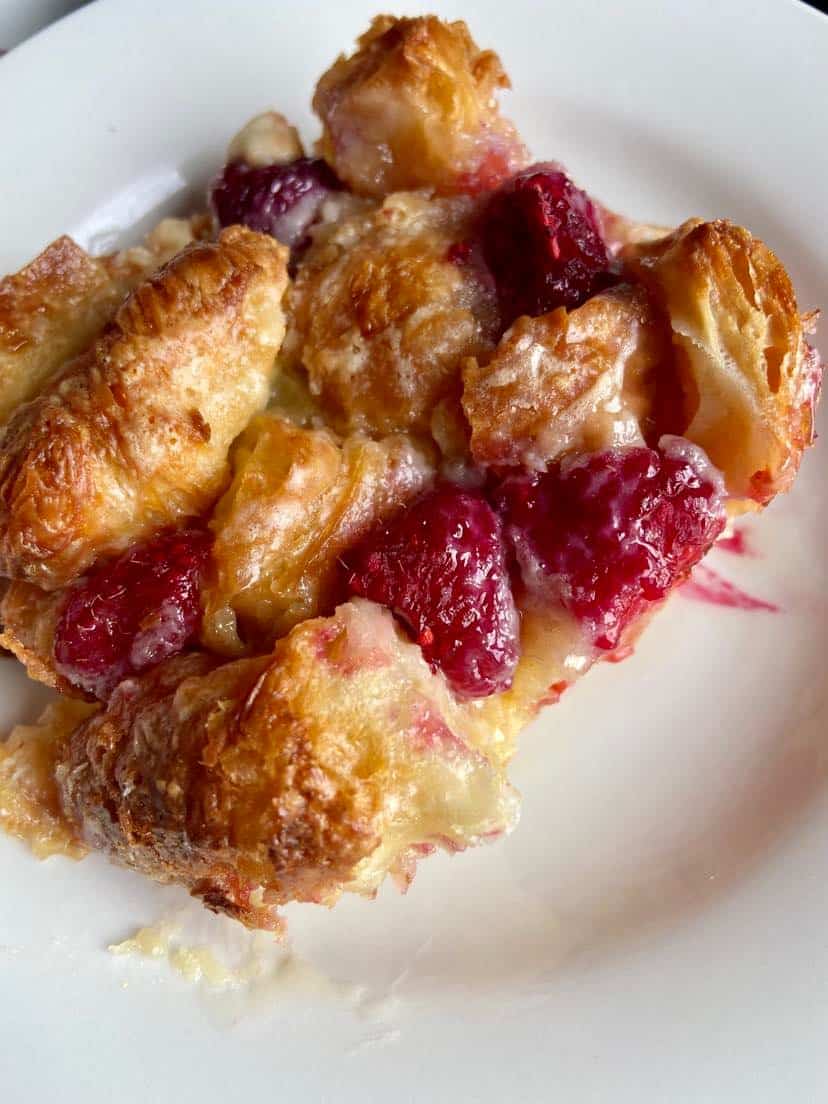 Raspberry White Chocolate Croissant Bread Pudding - FlyPeachPie