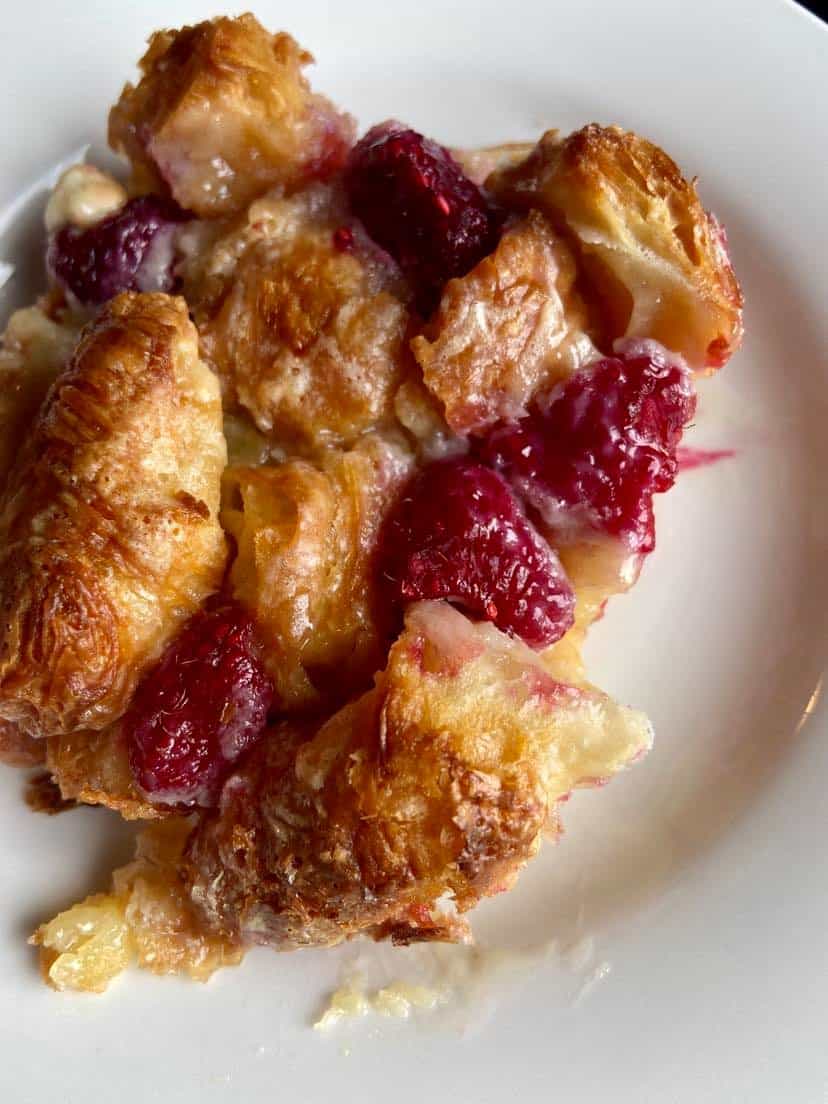 Raspberry White Chocolate Croissant Bread Pudding - FlyPeachPie