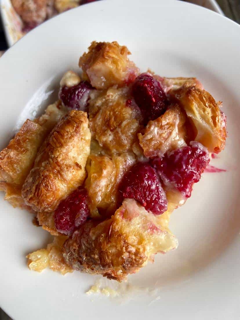 Raspberry White Chocolate Croissant Bread Pudding - FlyPeachPie