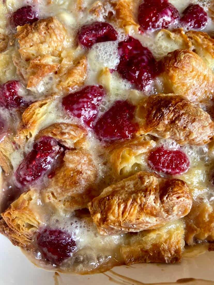 Raspberry White Chocolate Croissant Bread Pudding - FlyPeachPie