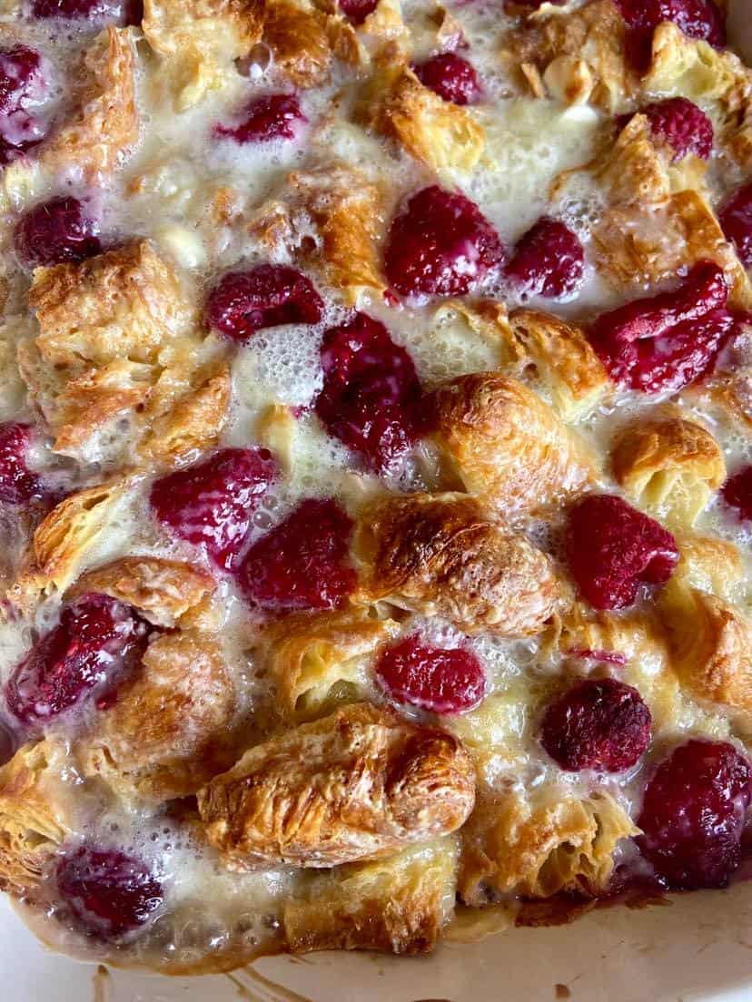 Raspberry White Chocolate Croissant Bread Pudding - FlyPeachPie